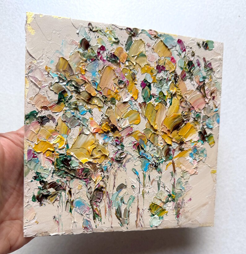 Textured Floral Oil Painting: Yellow Meadow Wildflowers, Small Boho Art ...
