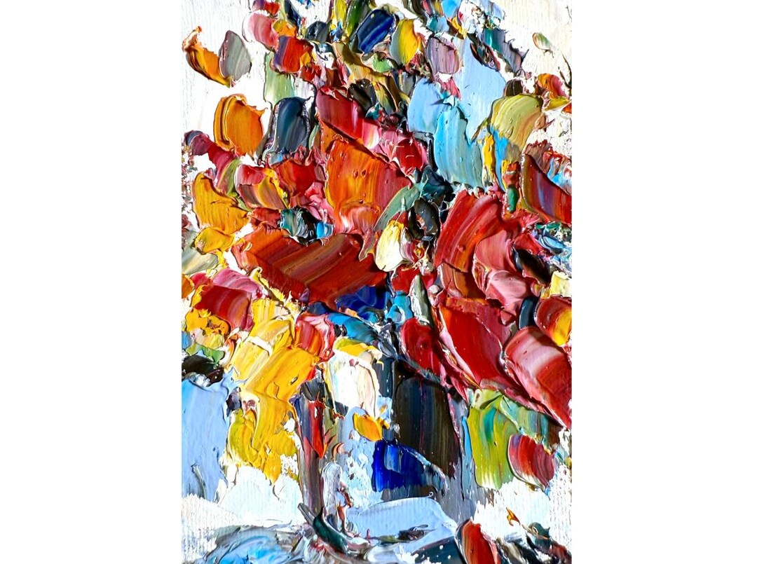 Impasto Red Poppy Painting: Small Colorful Floral Bouquet Oil Abstract ...