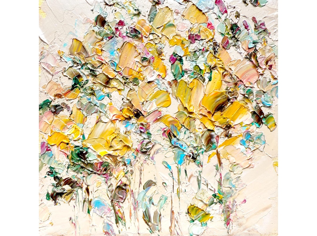Textured Floral Oil Painting: Yellow Meadow Wildflowers, Small Boho Art ...