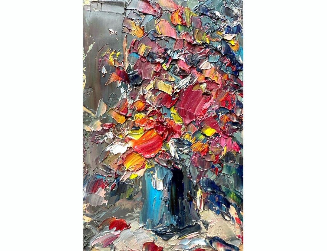 Abstract Flower Original Art Small Red Painting Floral Impasto Oil ...