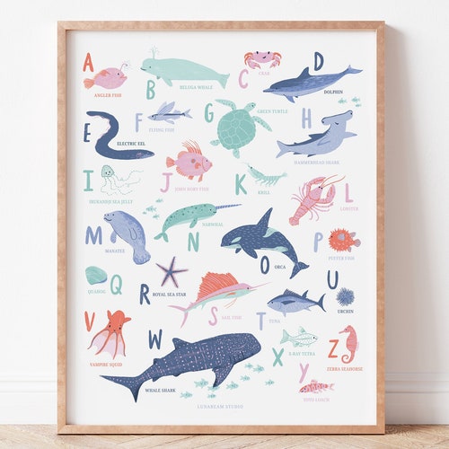 Kids Alphabet Art Print Ocean Animals Blue Kids Room Art - Etsy
