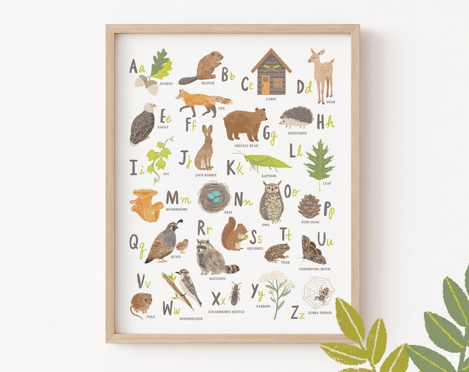 Kids Alphabet Art Print Woodland Animals, Nature ABC Poster, Forest ...