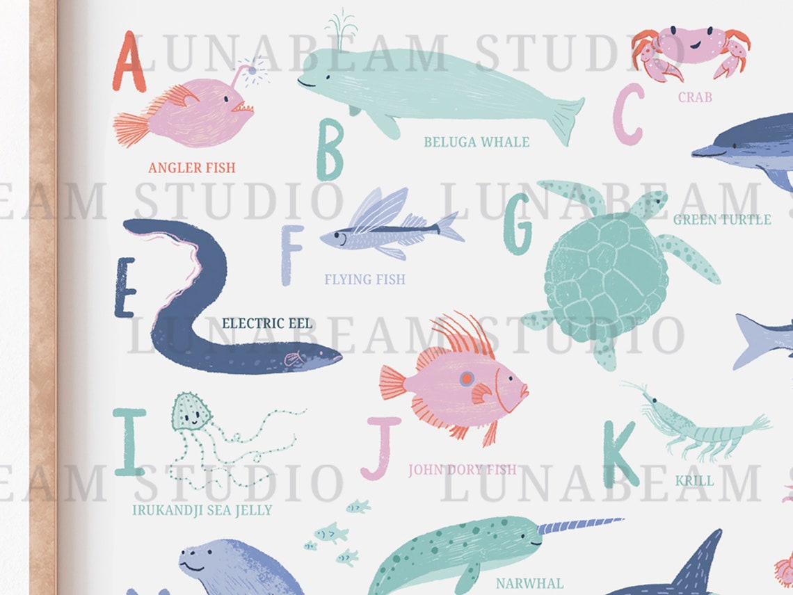 Kids Alphabet Art Print Ocean Animals Girl Room Art Animal - Etsy