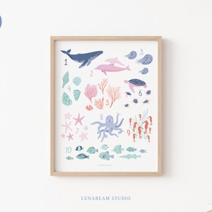 Kids Counting Numbers Art Print - Ocean Animals, Girl Room Art, Nursery ...