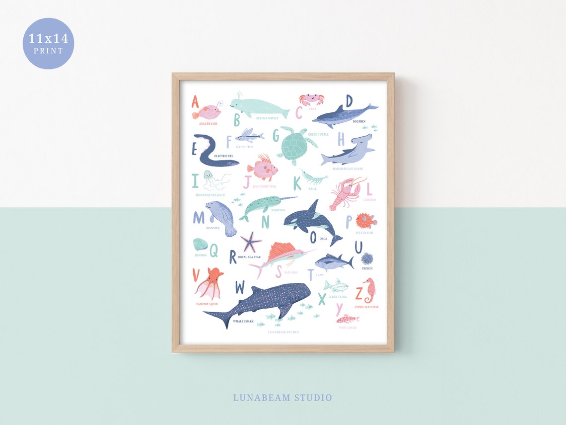 Kids Alphabet Art Print Ocean Animals Girl Room Art Animal - Etsy