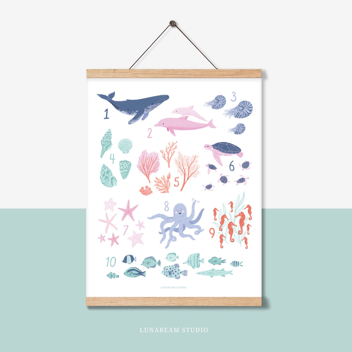 Kids Counting Numbers Art Print Ocean Animals Girl Room | Etsy