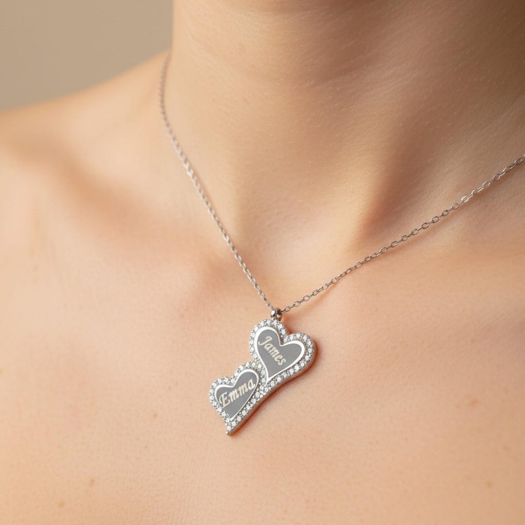 Custom Double Heart Necklace – Sterling Silver Engraved Two Hearts ...