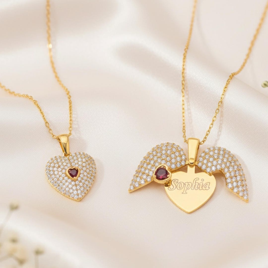 Custom Angel Wing Heart Necklace – Personalized Name & Birthstone ...