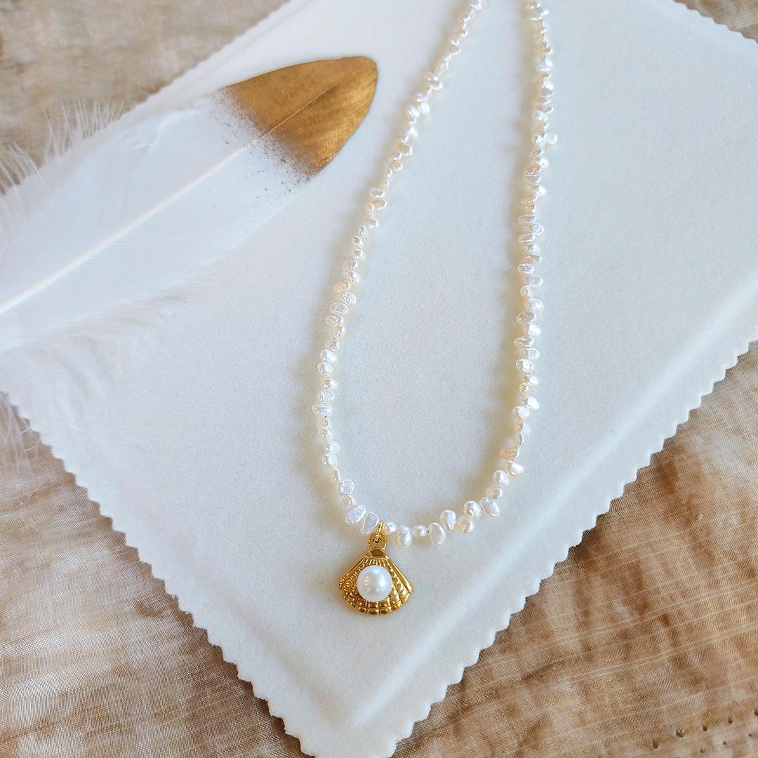 Coastal Freshwater Pearl Necklace, Gold Shell Pendant (16" Adjustable ...