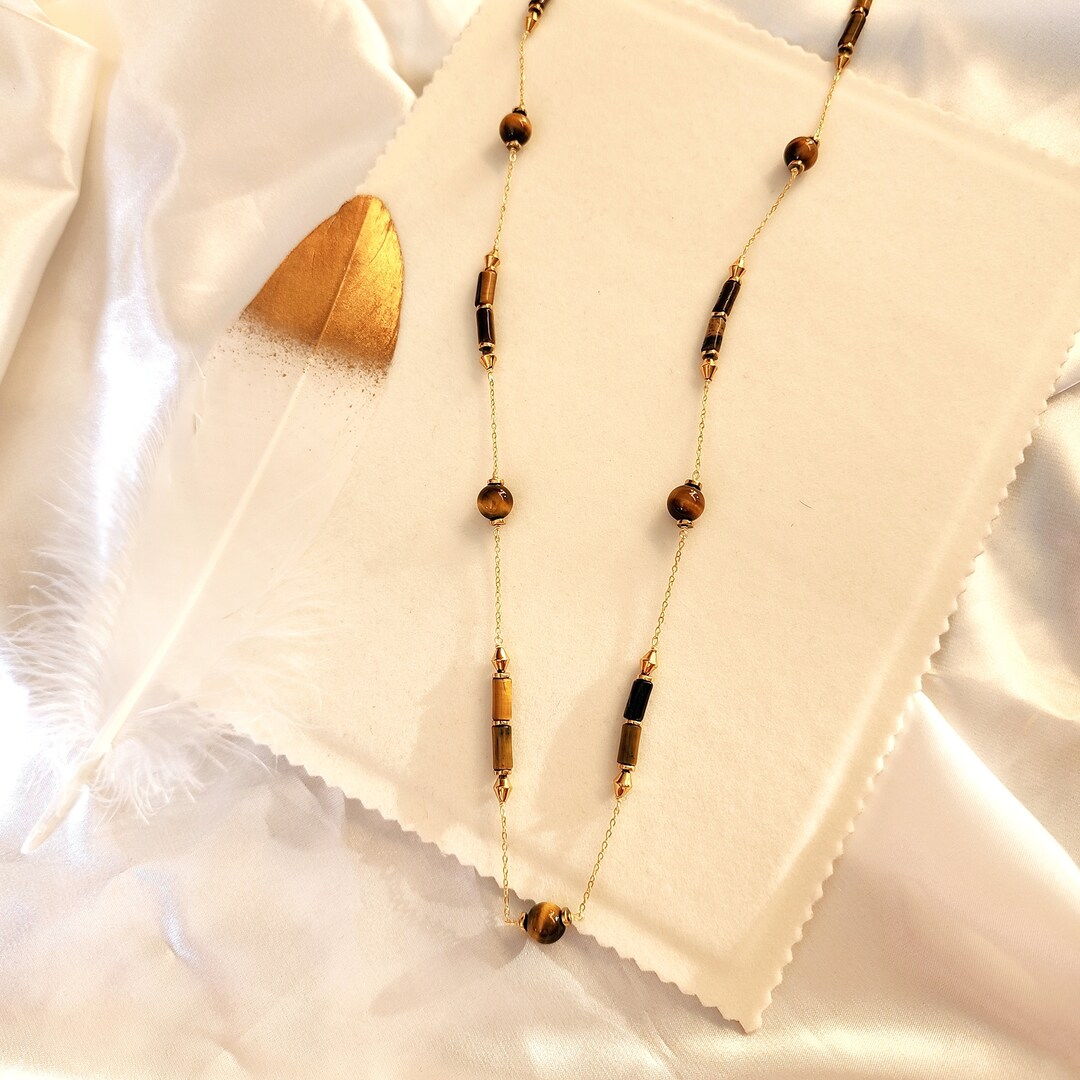 Tiger Eye Bead Necklace, Long Gemstone Necklace, Tiger Eye Station ...