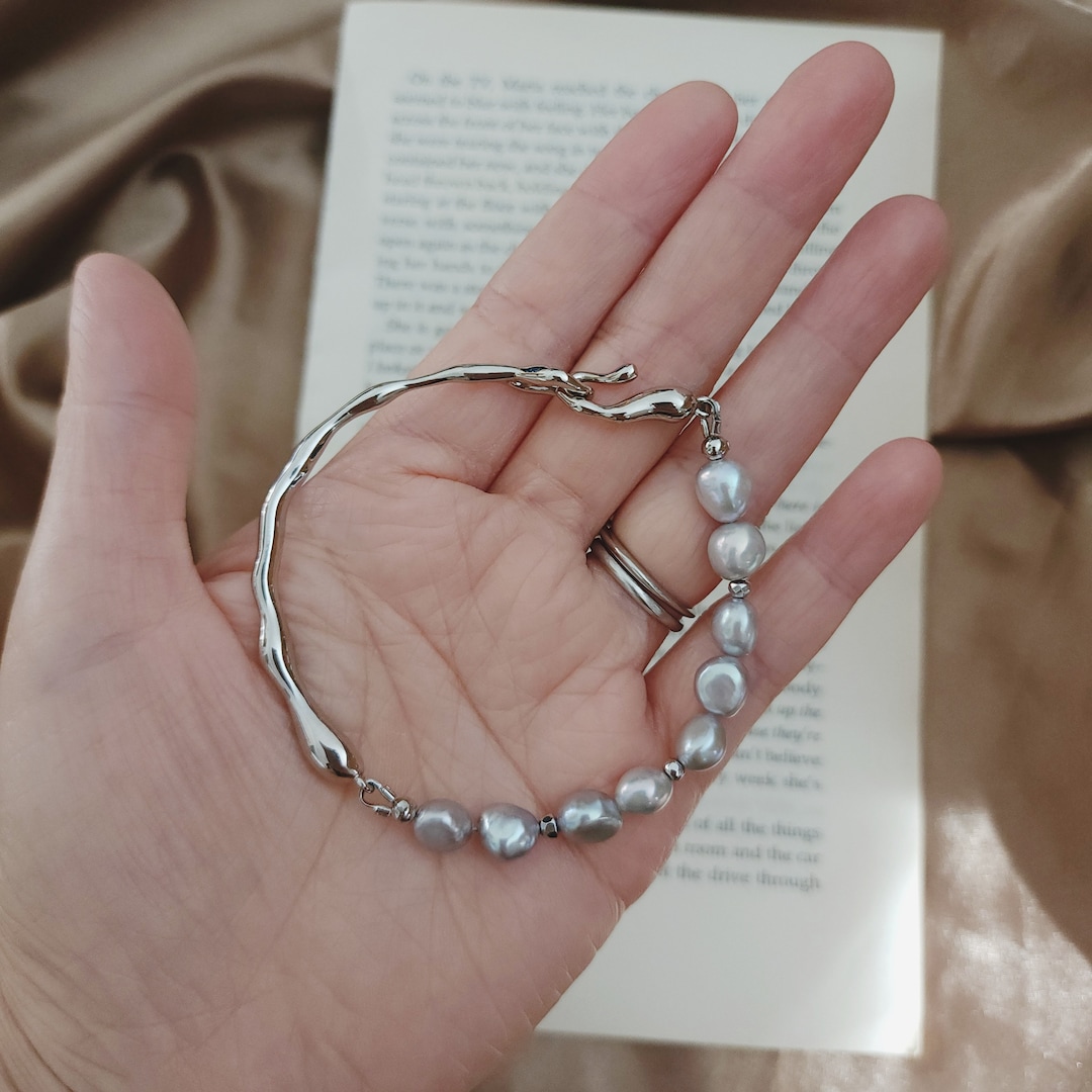 Half Pearl Half Metal Bracelet in Gold and Silver, Baroque Pearl and ...