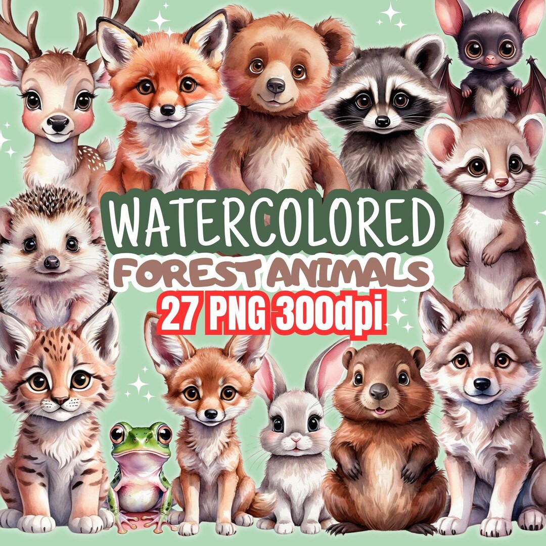 Watercolored Forest Animals Clipart PNG 300dpi Digital Download Bundle ...