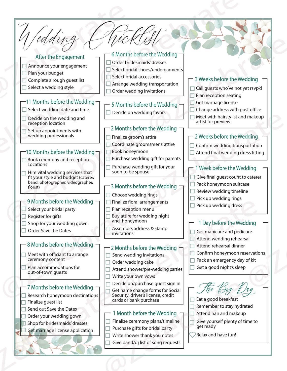 Printable Wedding Checklist From Engagement to the Wedding Day - Etsy