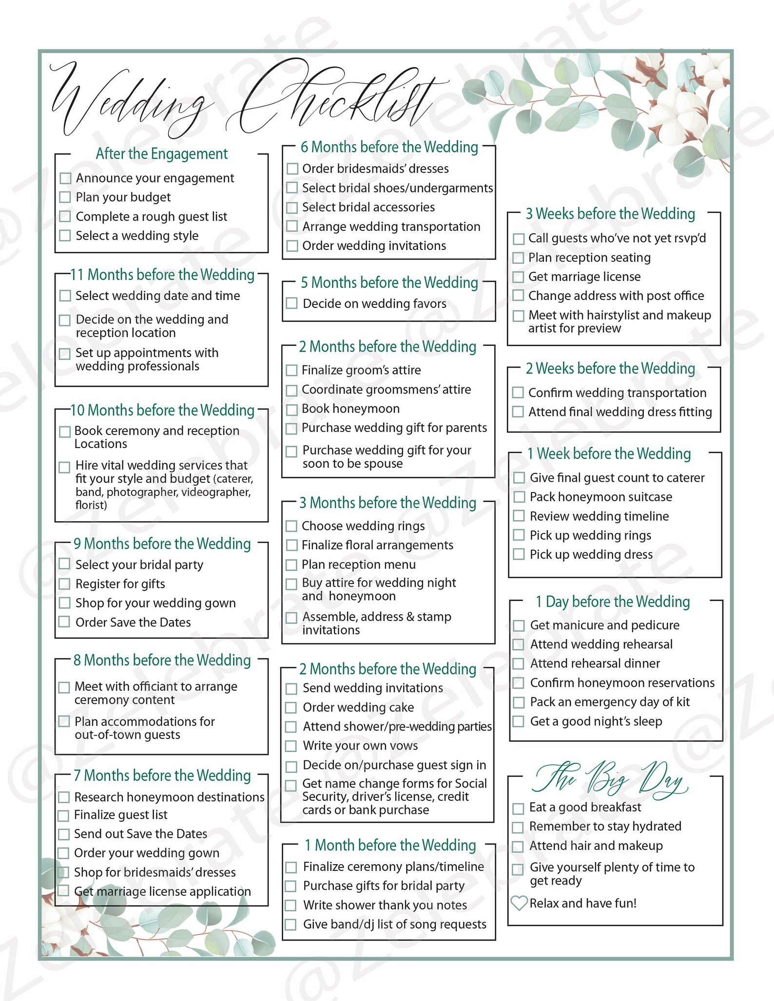 Printable Wedding Checklist From Engagement to the Wedding Day - Etsy