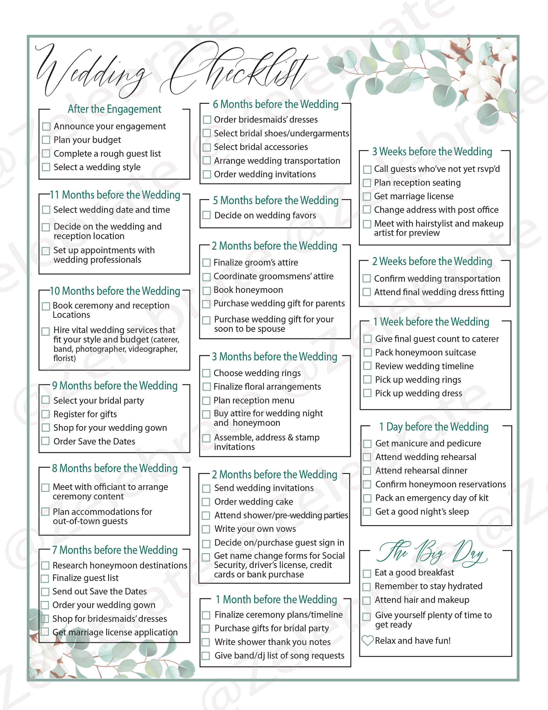 Printable Wedding Checklist From Engagement to the Wedding Day - Etsy
