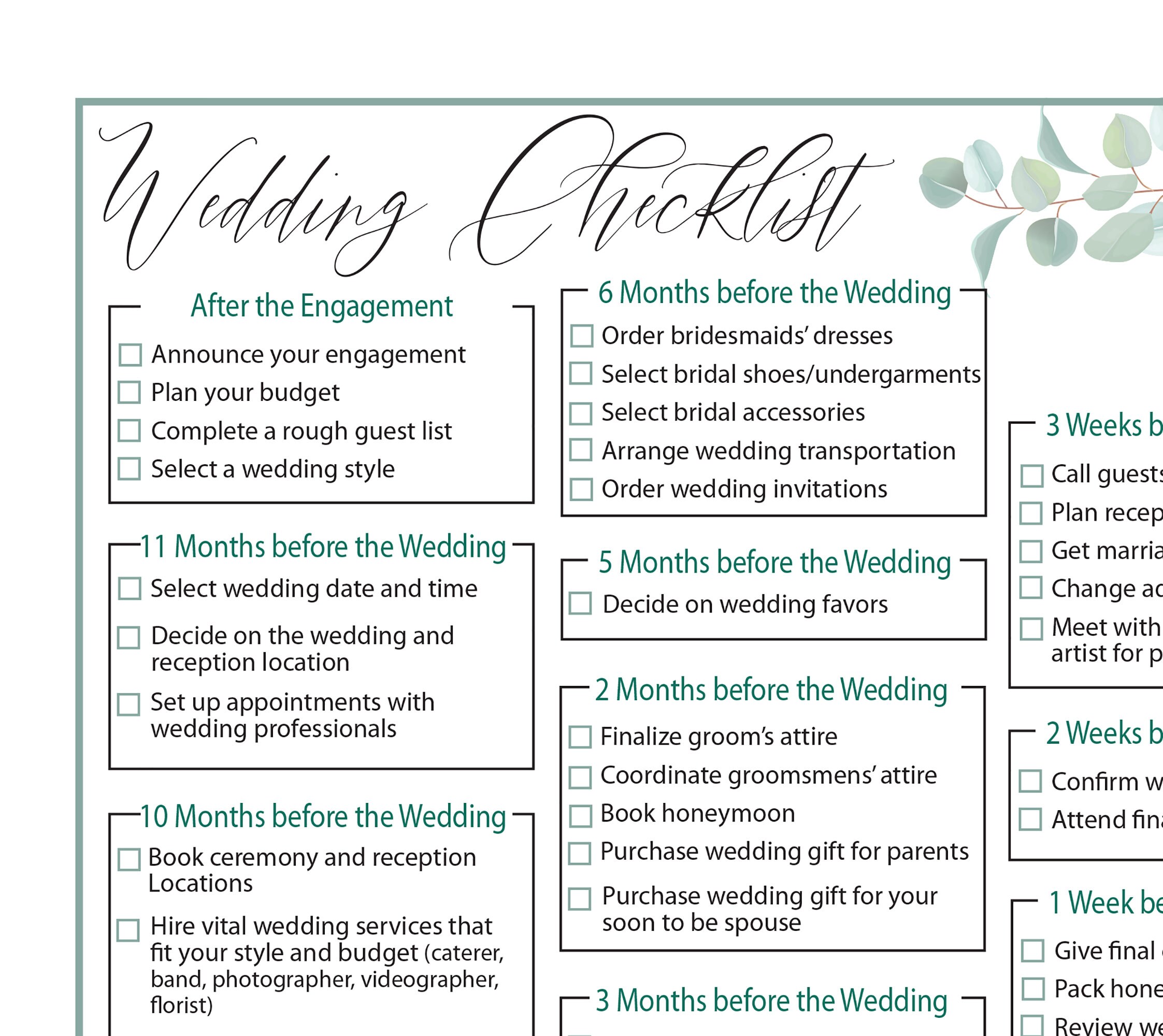 Printable Wedding Checklist From Engagement to the Wedding Day - Etsy