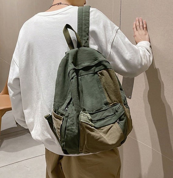 Green Canvas Backpack Student School Backpack Brown Laptop Etsy Green Canvas Backpack Student School Backpack Brown Laptop Etsy
