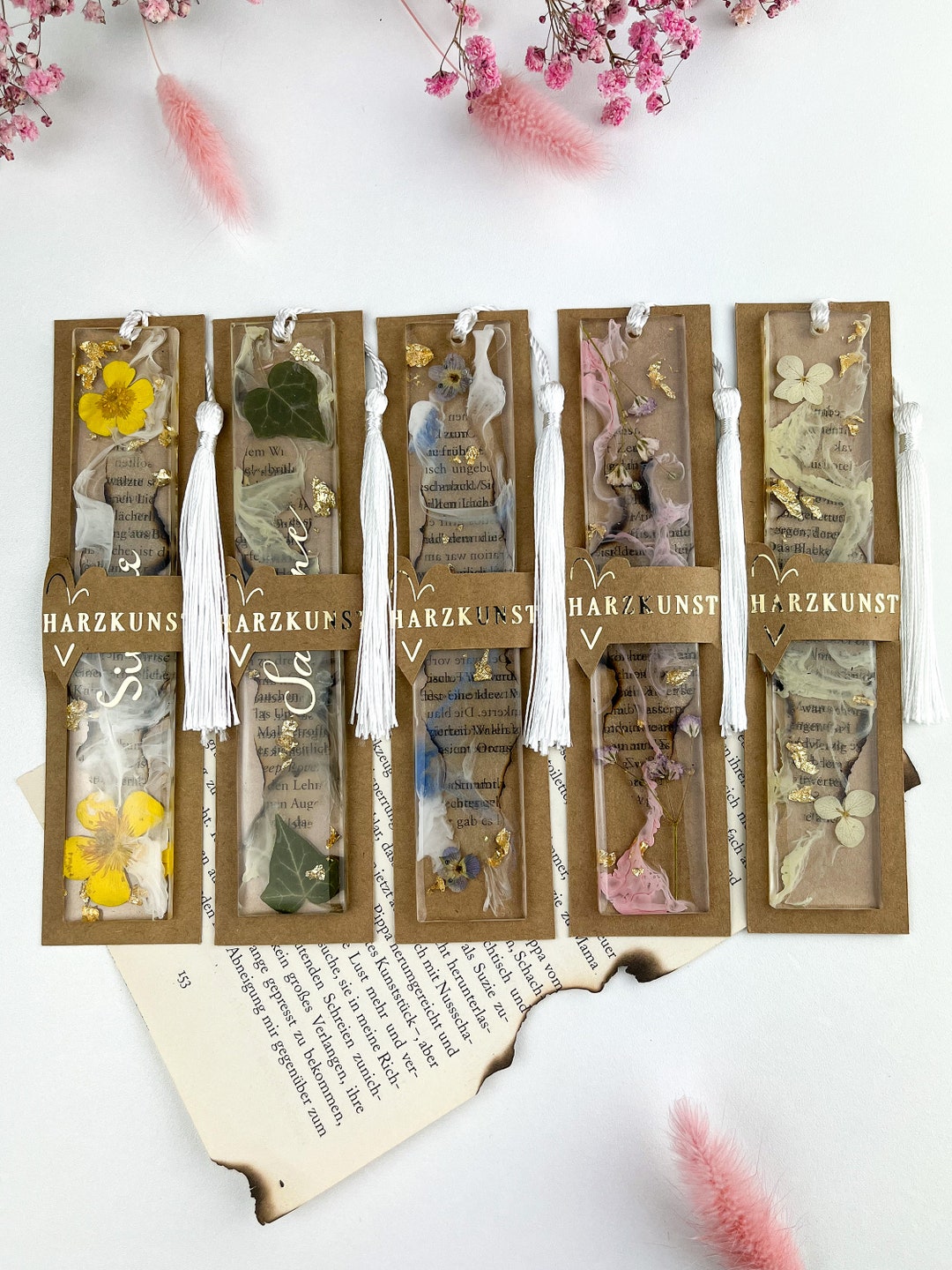 Personalized Bookmarks Made of Synthetic Resin With Burnt Book Snippets / Book Pages in Various ...