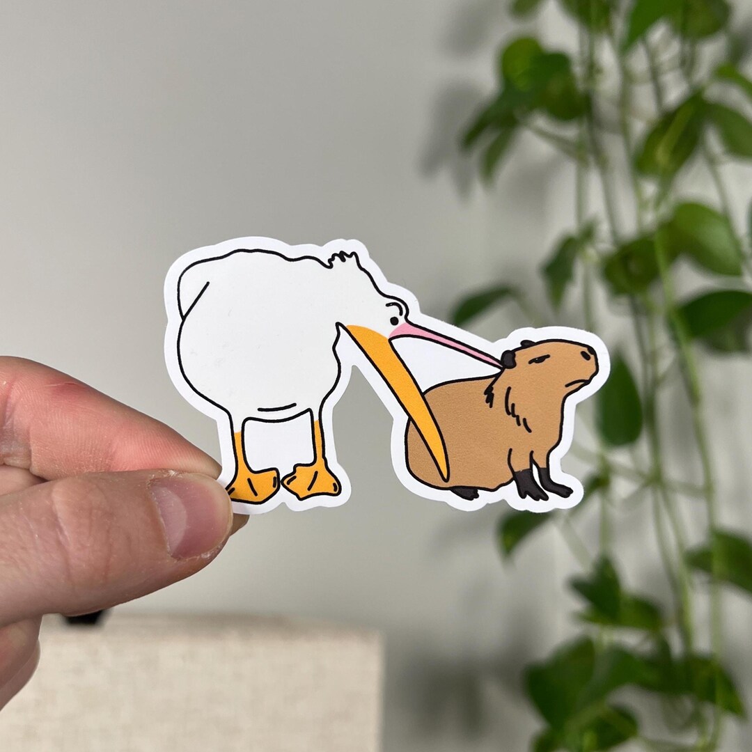 Pelican Bites Capybara Glossy Sticker | Funny Meme - Etsy