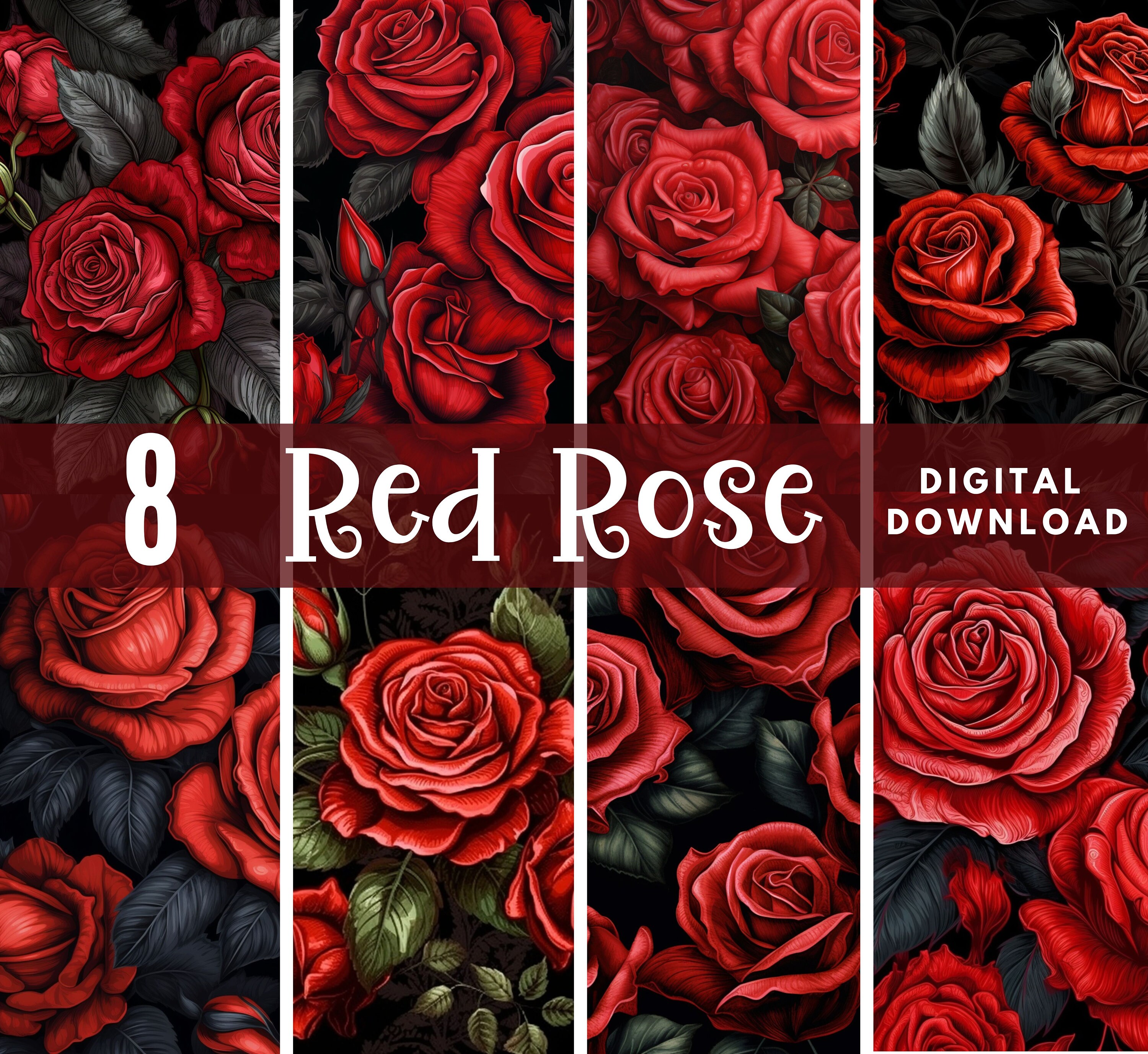 8 Red Rose Seamless Patterns Digital Download - Floral Wrapping Digital ...
