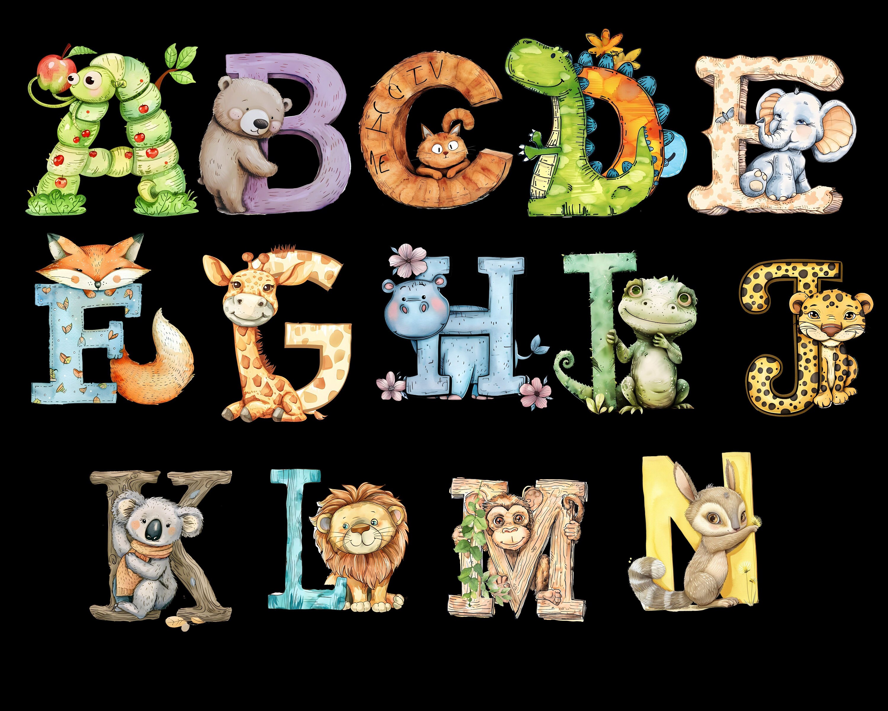 Watercolor Boy Animal Alphabet Clipart, Animal Alphabet Commercial Use ...