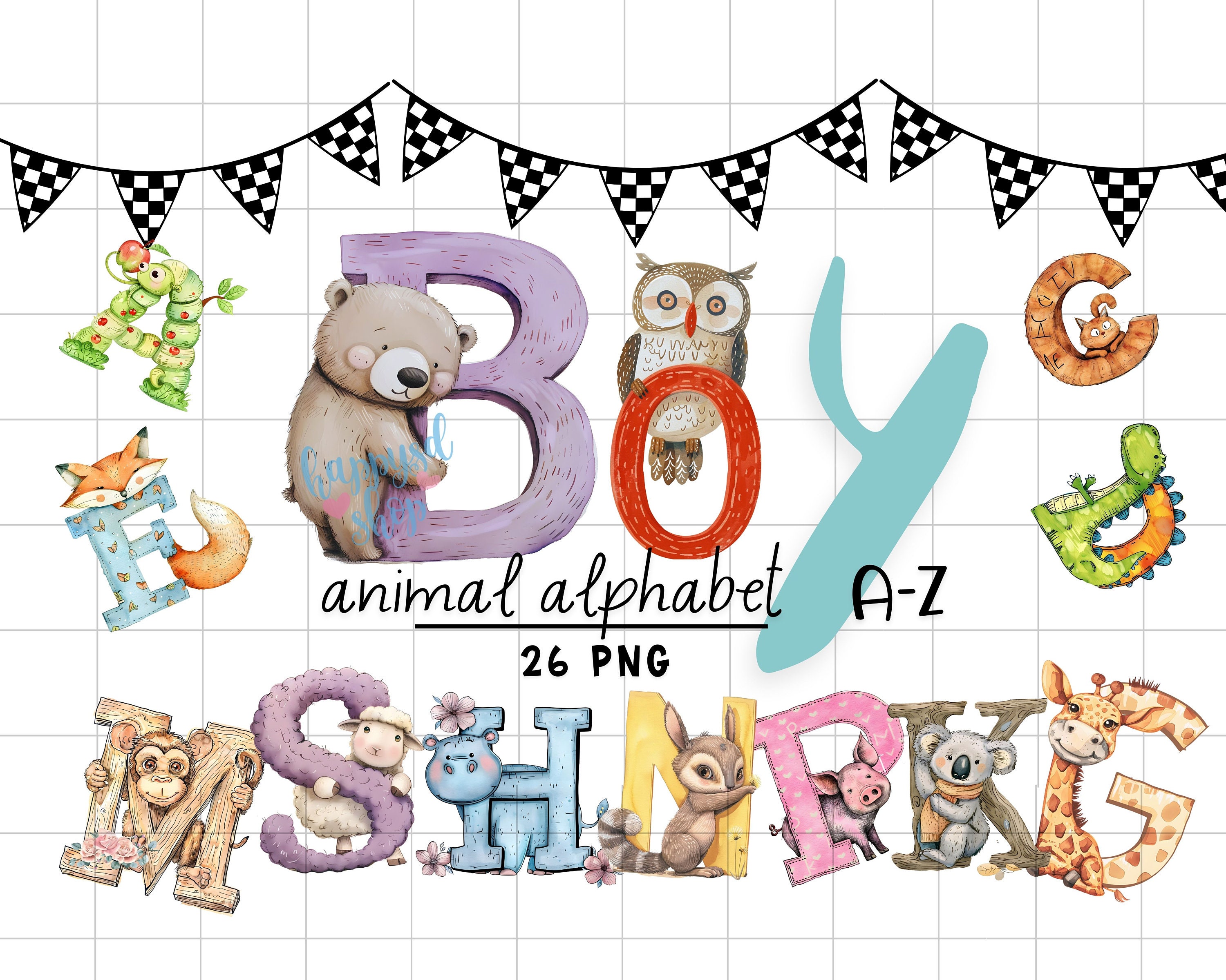 Watercolor Boy Animal Alphabet Clipart, Animal Alphabet Commercial Use ...