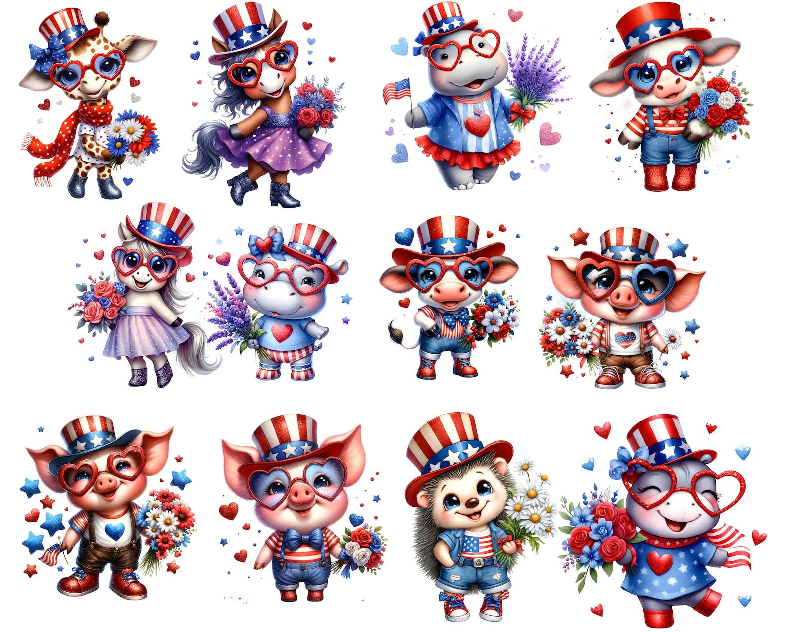 4th of July Animals Clipart Bundle, Watercolor Patriotic Animals ...