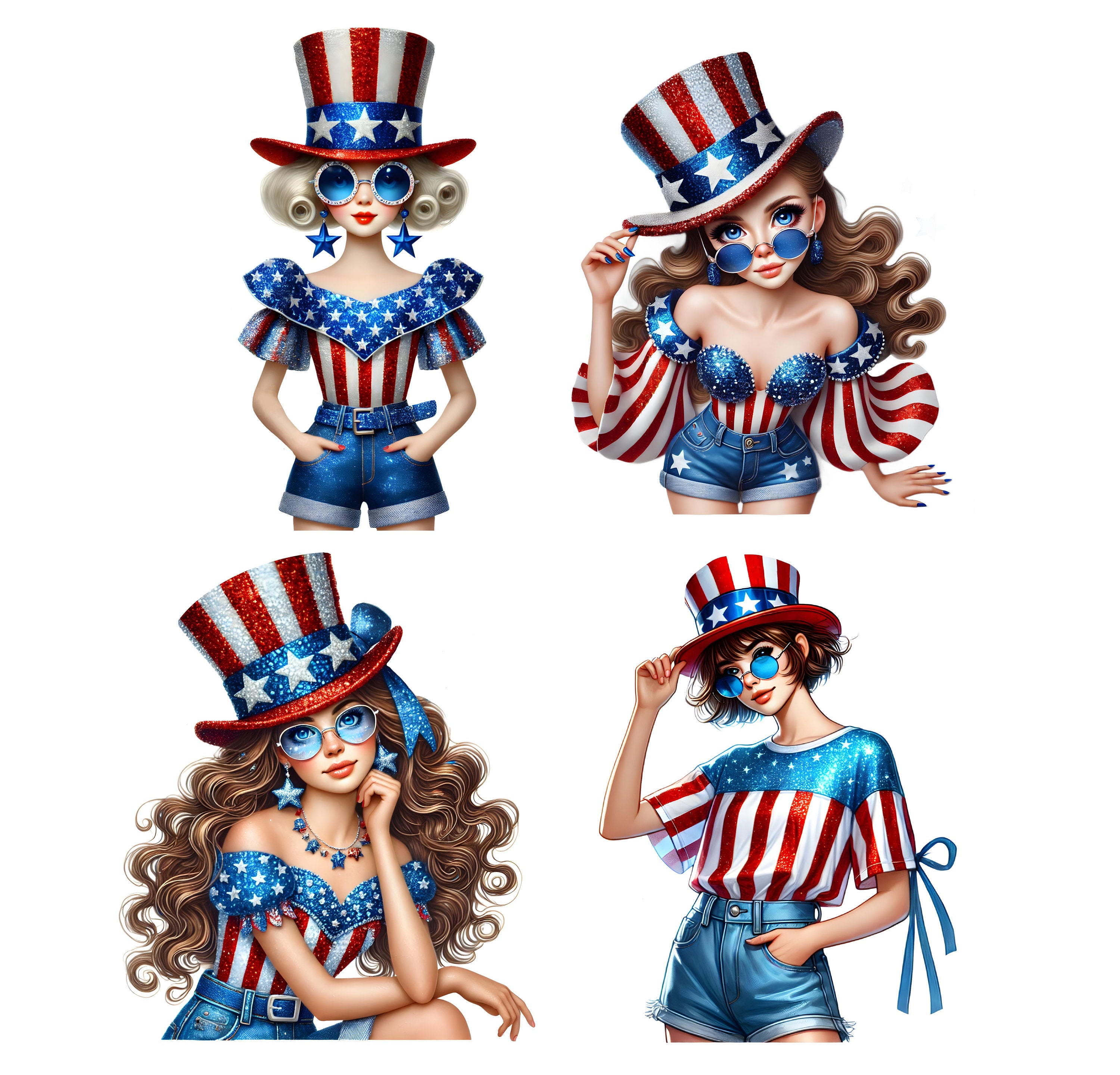 4th of July Girl Clipart Bundle, Watercolor Patriotic Girl, Memorial ...