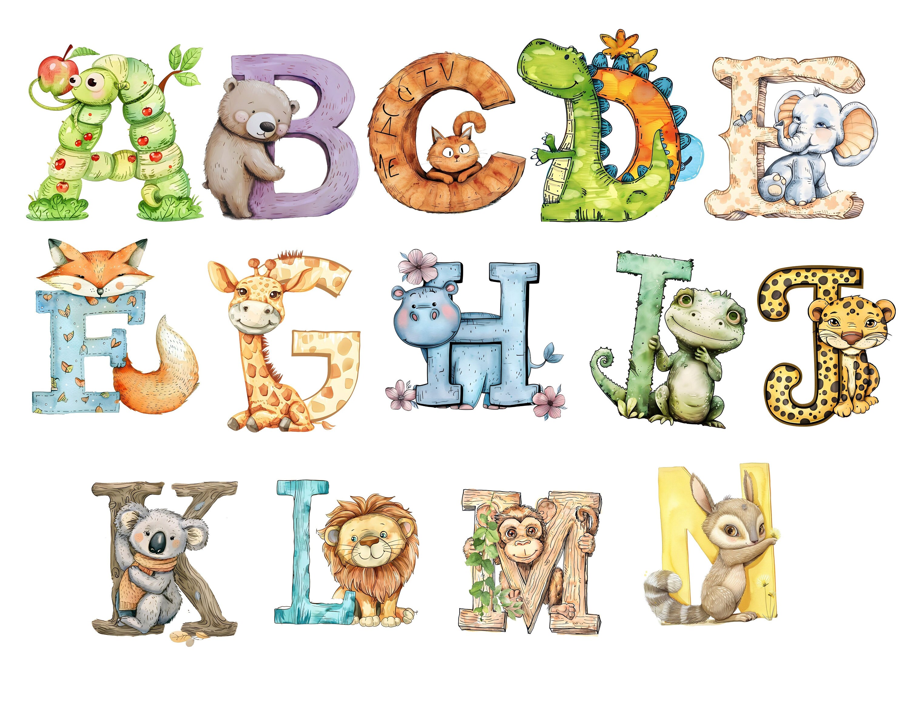 Watercolor Boy Animal Alphabet Clipart, Animal Alphabet Commercial Use ...