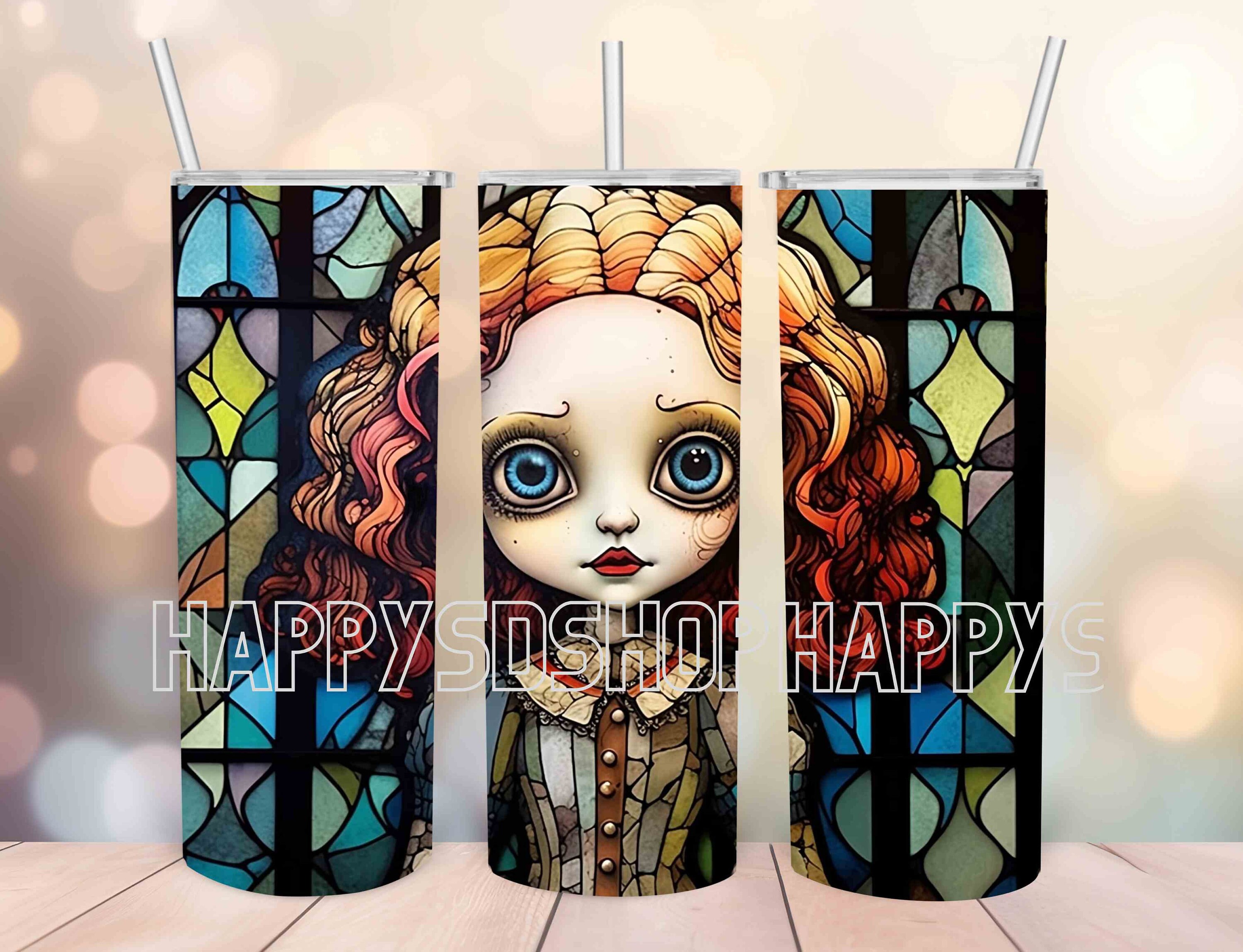 Stained Glass Creepy Porcelain Doll 20 Oz Skinny Tumbler Design ...