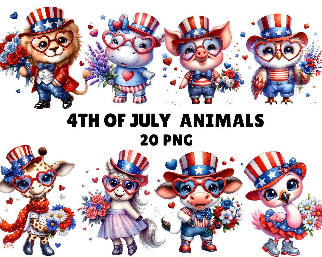 4th of July Animals Clipart Bundle, Watercolor Patriotic Animals ...