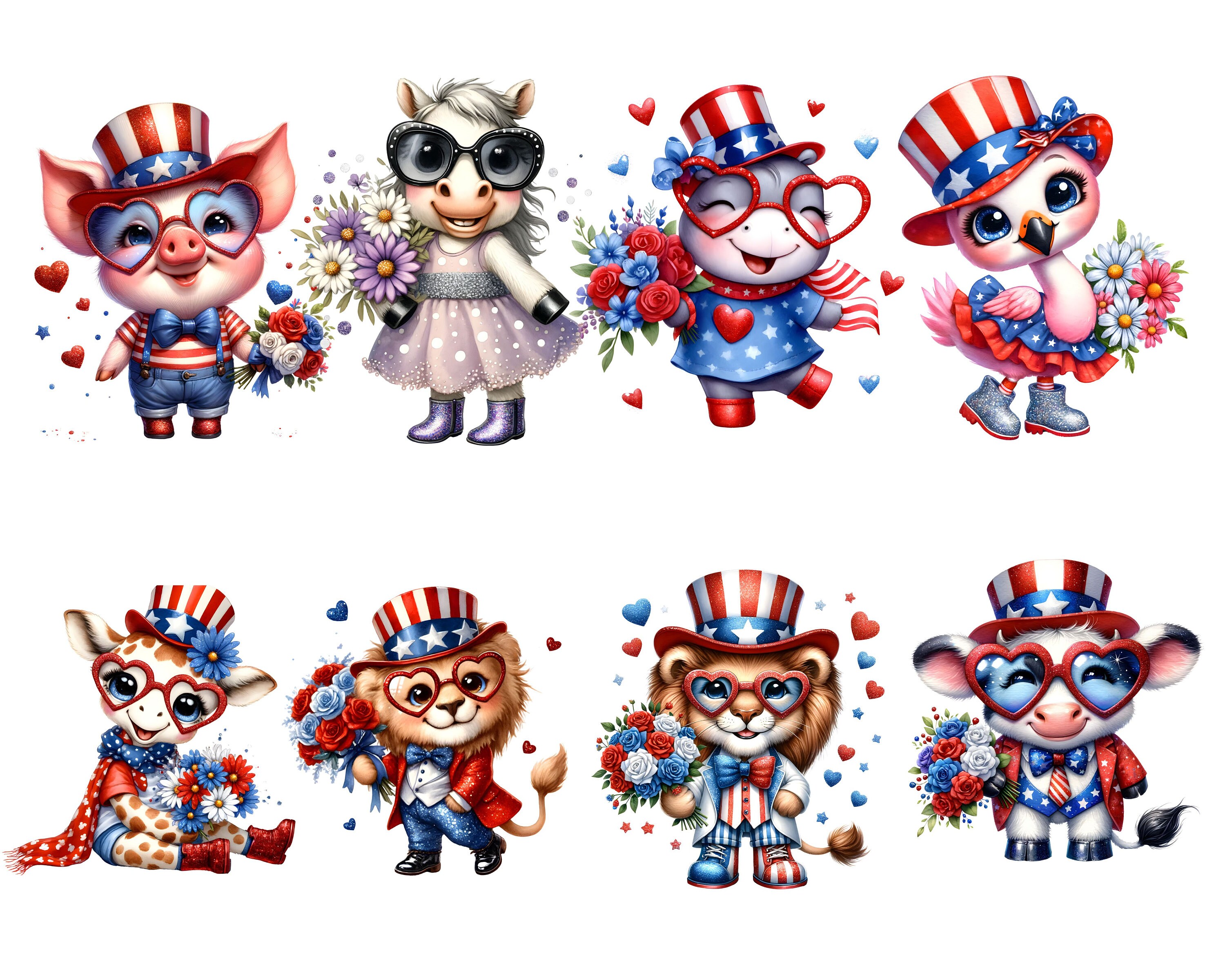 4th of July Animals Clipart Bundle, Watercolor Patriotic Animals ...