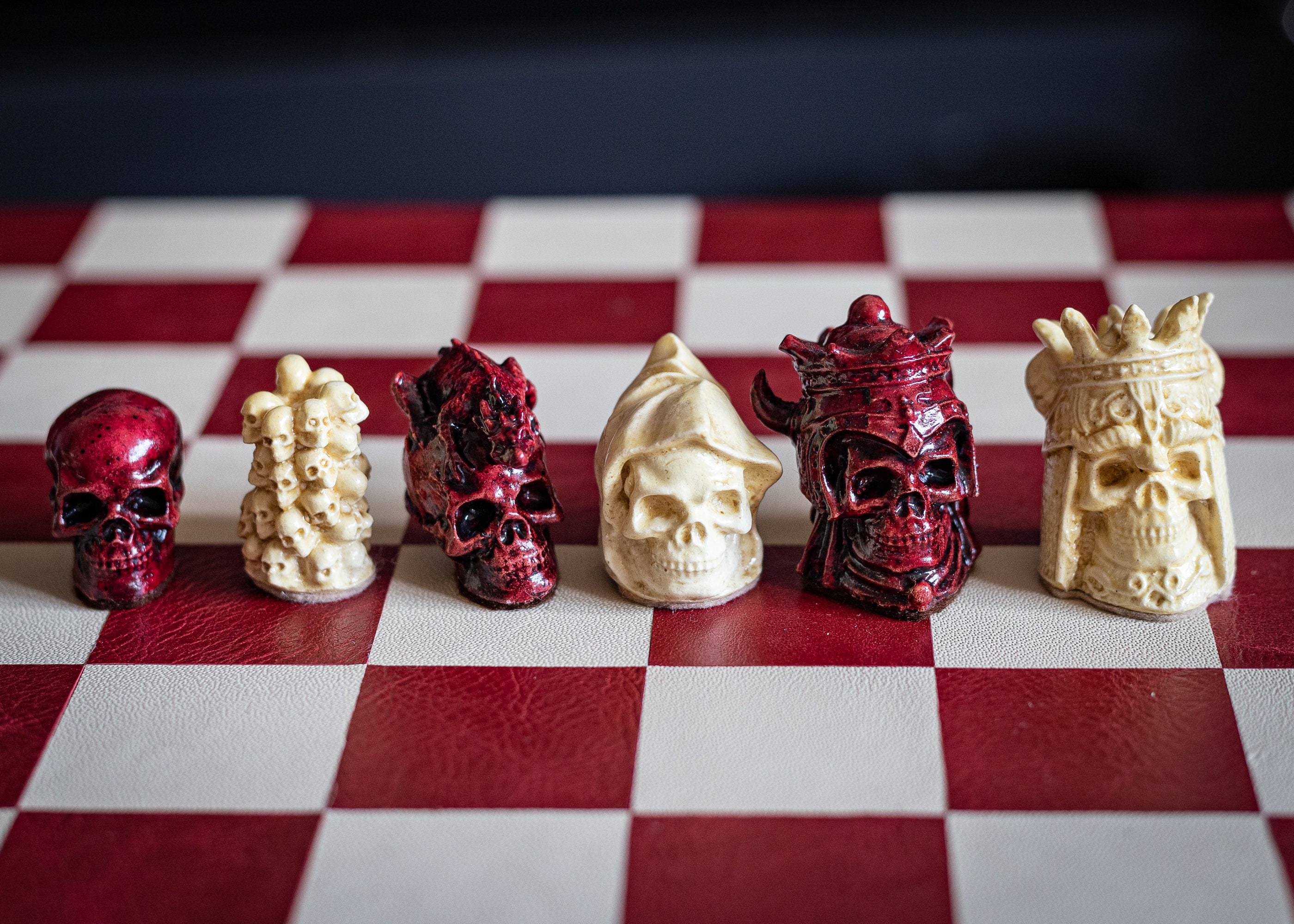 Made to Order – Chess Set, Skulls Design in Stone and Aged Red Colour ...