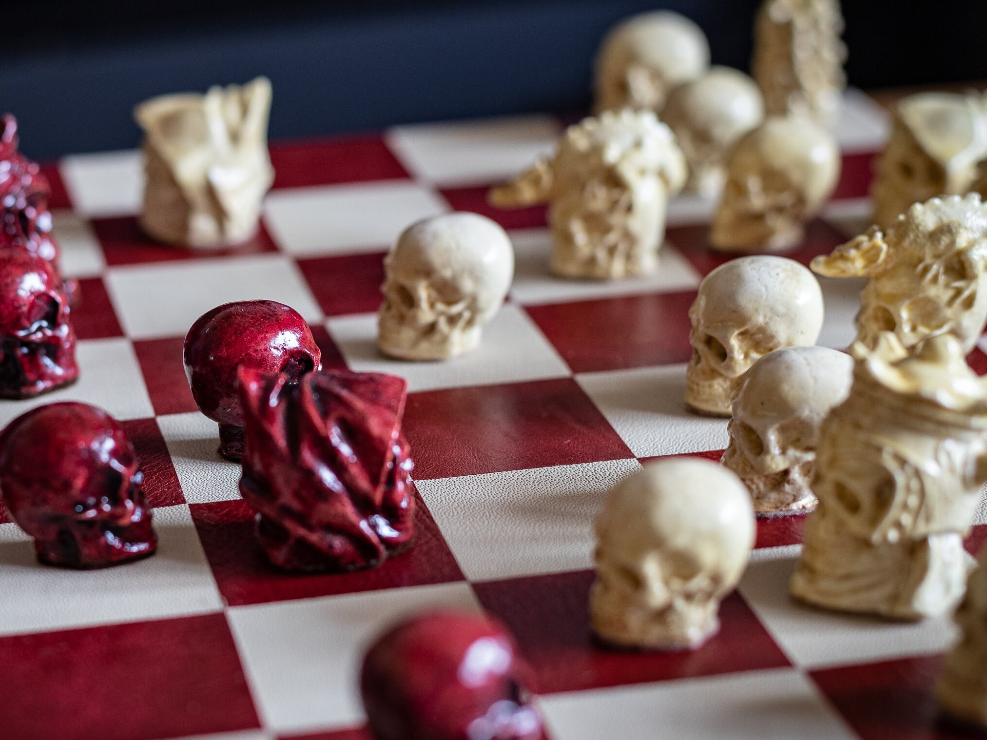 Made to Order – Chess Set, Skulls Design in Stone and Aged Red Colour ...