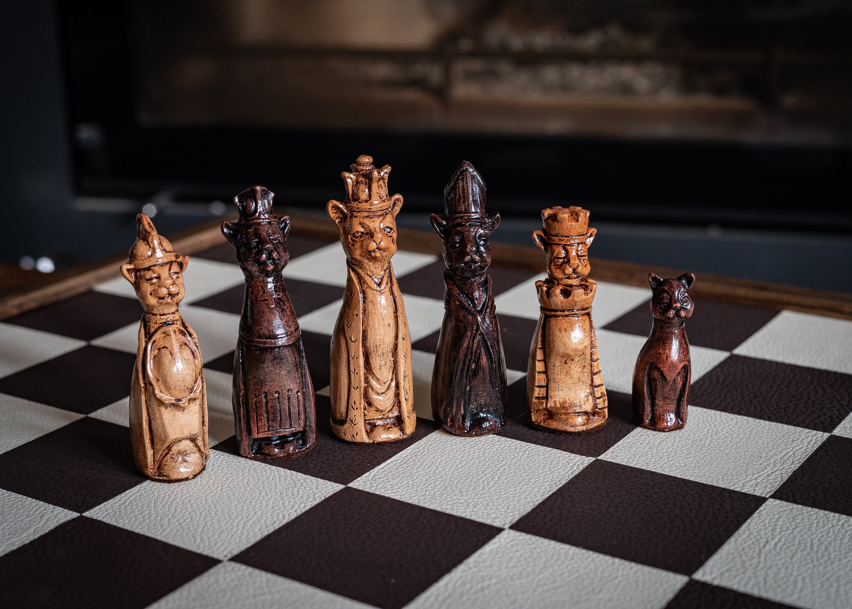 Made to Order – Chess Set, Royal Cats Design in a Georgian Mahogany and ...