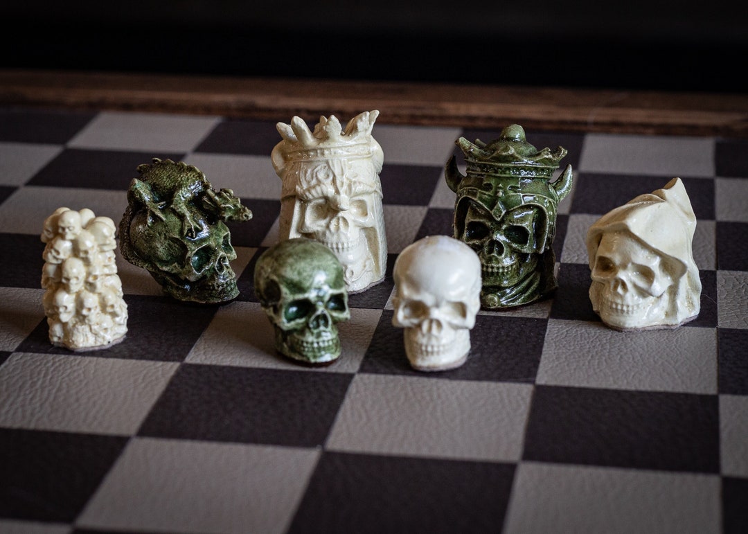 Made to Order – Chess Set, Skulls Design in a Stone and Jade Colour ...