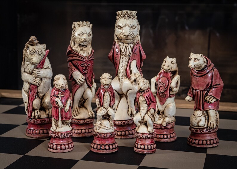 Reynard the Fox Chess Set, Medieval Animal Sculptures, Hand Painted ...
