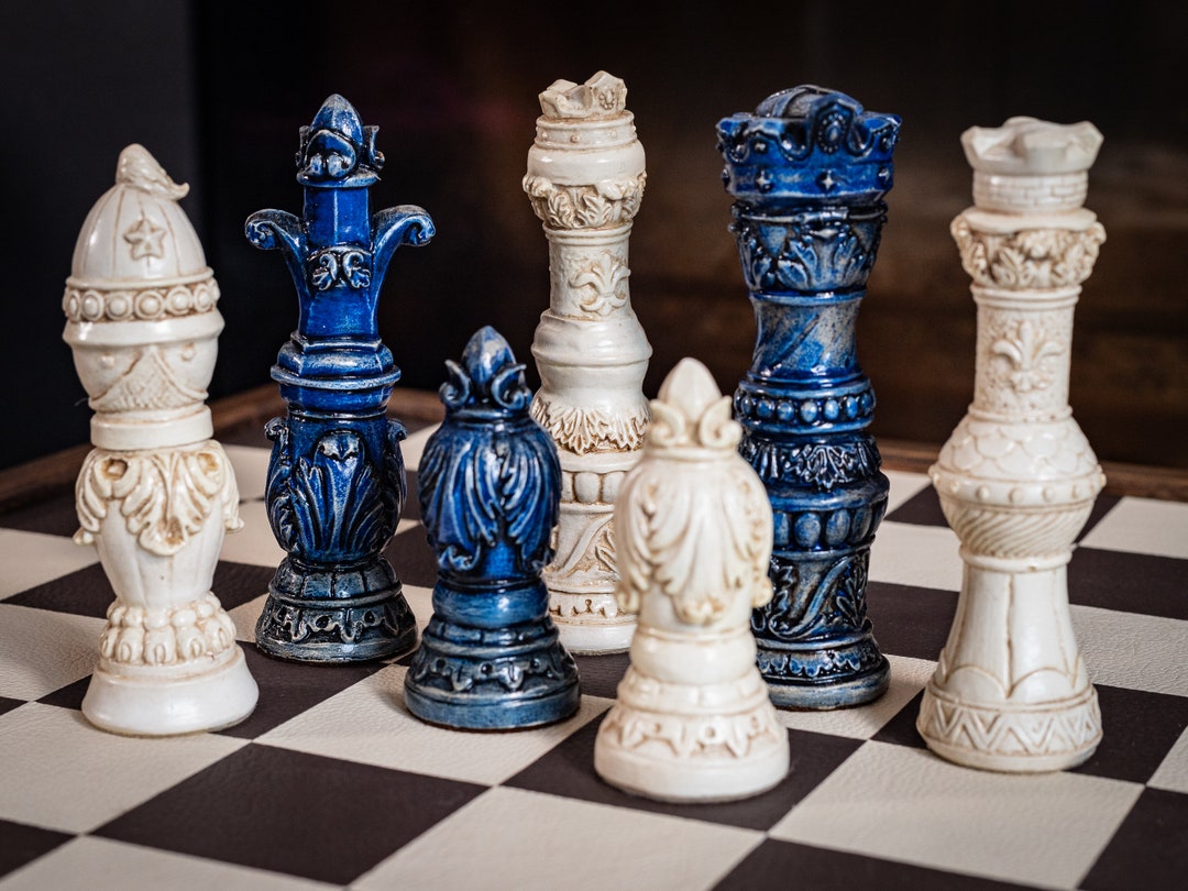 Made to Order – Chess Set, Ornate Gothic Design in Blue and Aged Stone ...