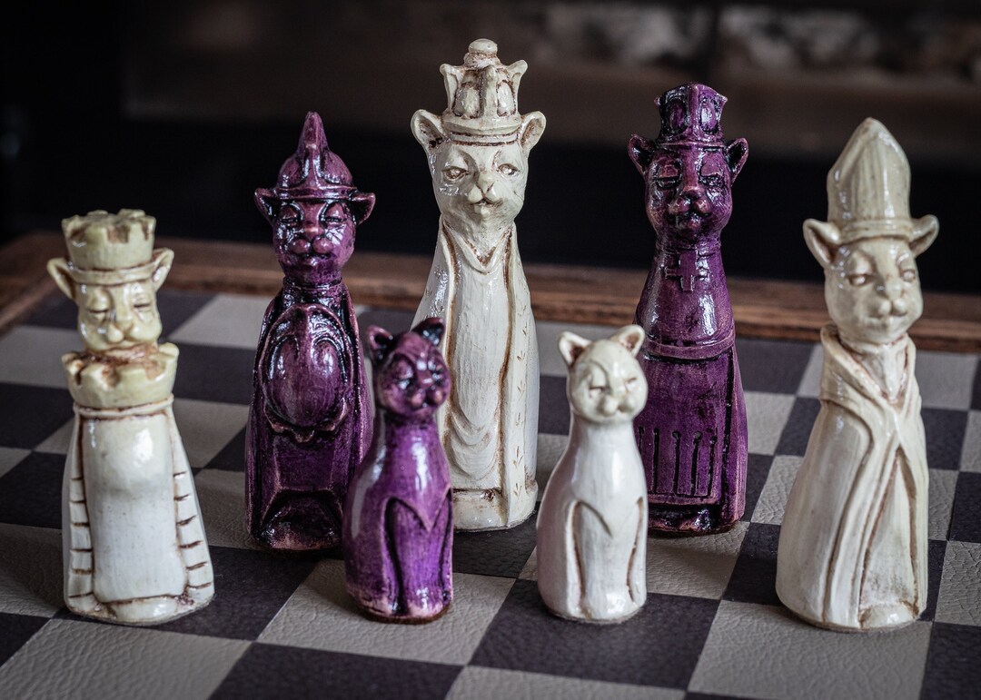Made to Order – Chess Set, Royal Cats Design in an Aged Violet and ...