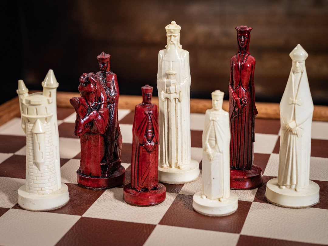 Chess Set, Gothic Statues Design in Oxblood and Stone Colour. CHESS SET ...