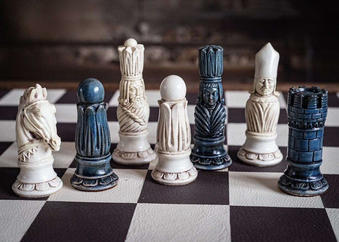 Luxury Victorian Chess Set Handmade | Blue & Ivory Ornate Chess Pieces ...
