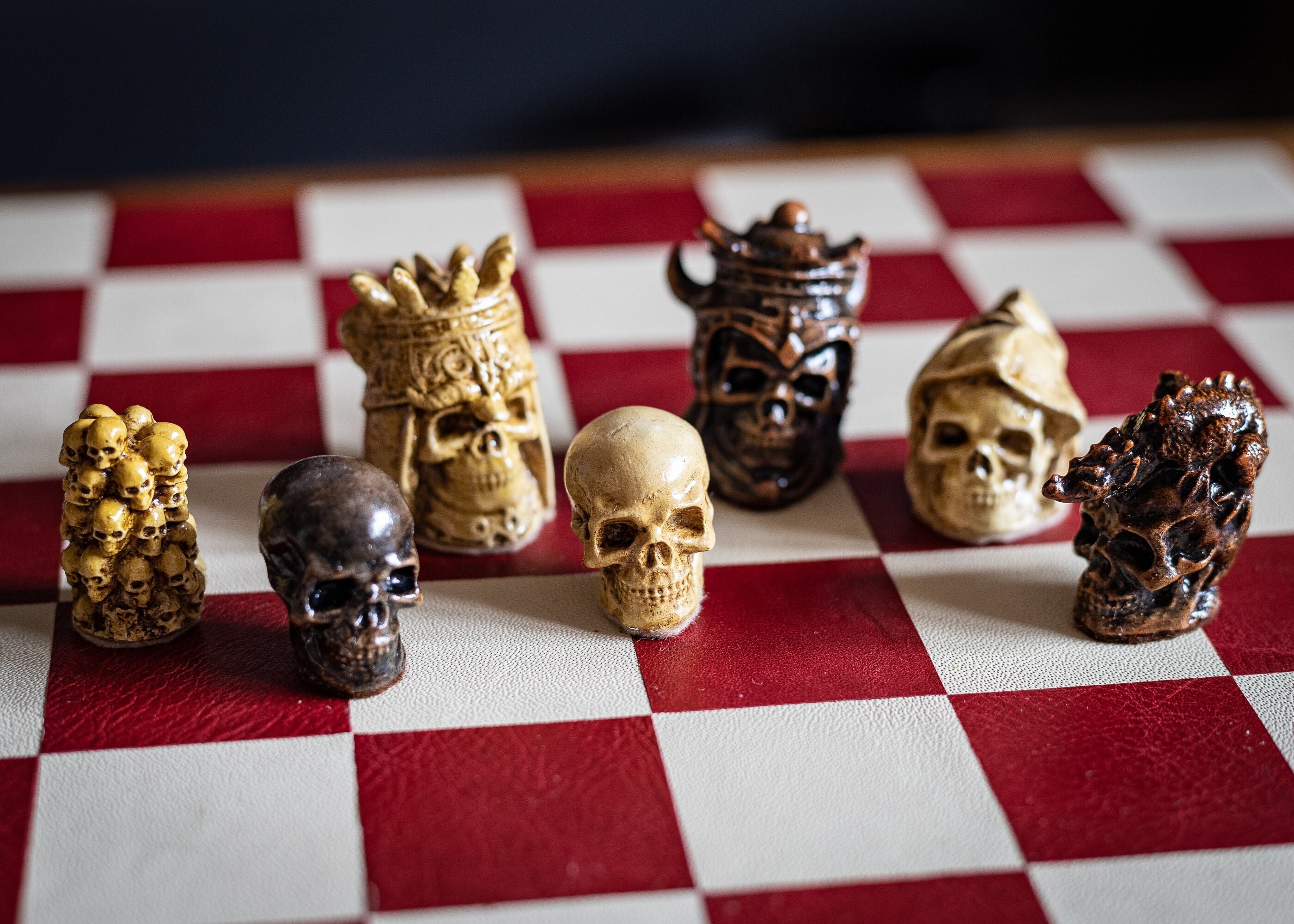 Chess set Skulls design in aged cream and dark oak colour. | Etsy