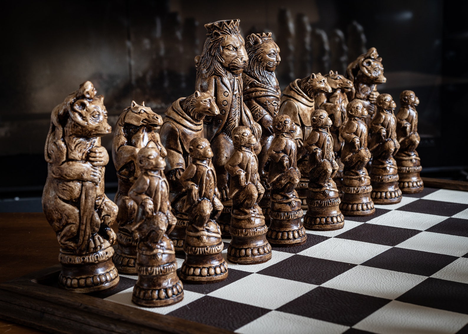 Made to Order – Chess Set, Reynard the Fox Design in a Stone and Walnut ...