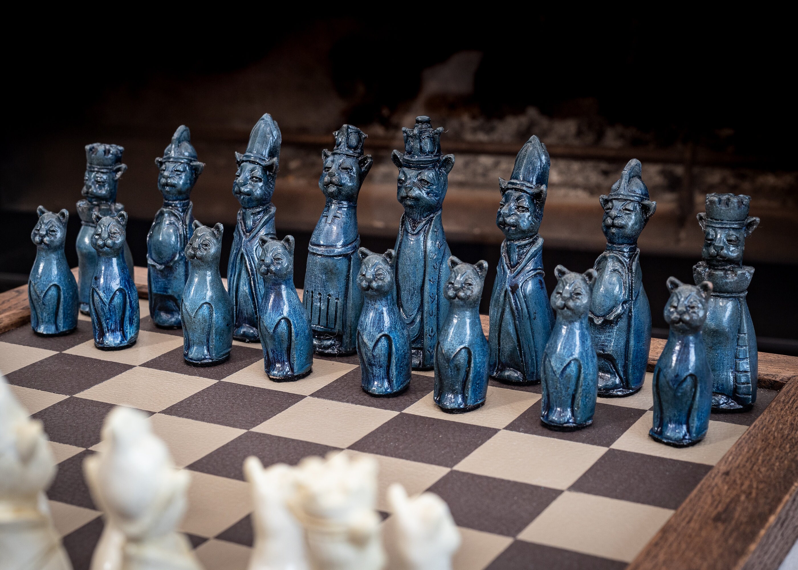 Made to Order – Chess Set, Royal Cats Design in a Stone and Aged Blue ...
