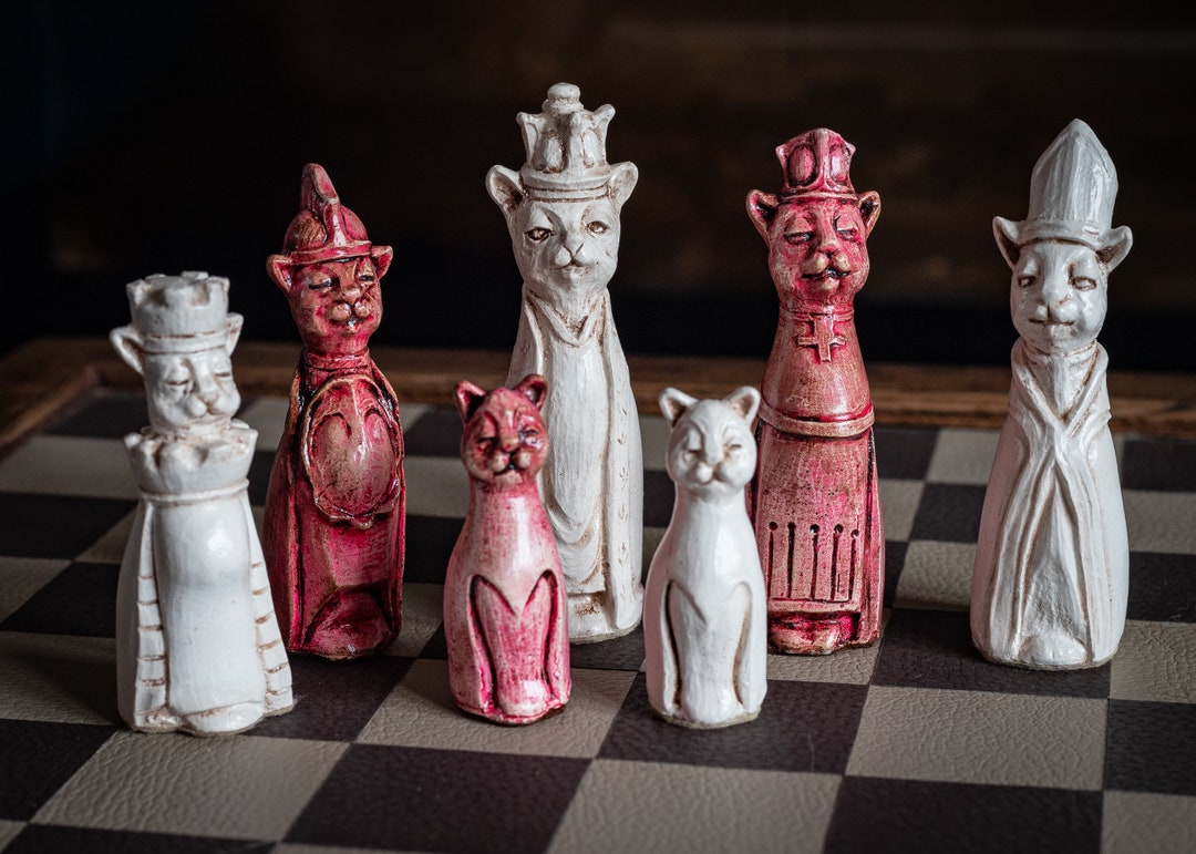 Made to Order – Chess Set, Royal Cats Design in an Aged Pink and Ivory ...