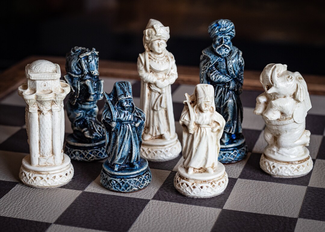 Made to Order Chess Set, Arabian Knights Design in an Aged Blue and ...