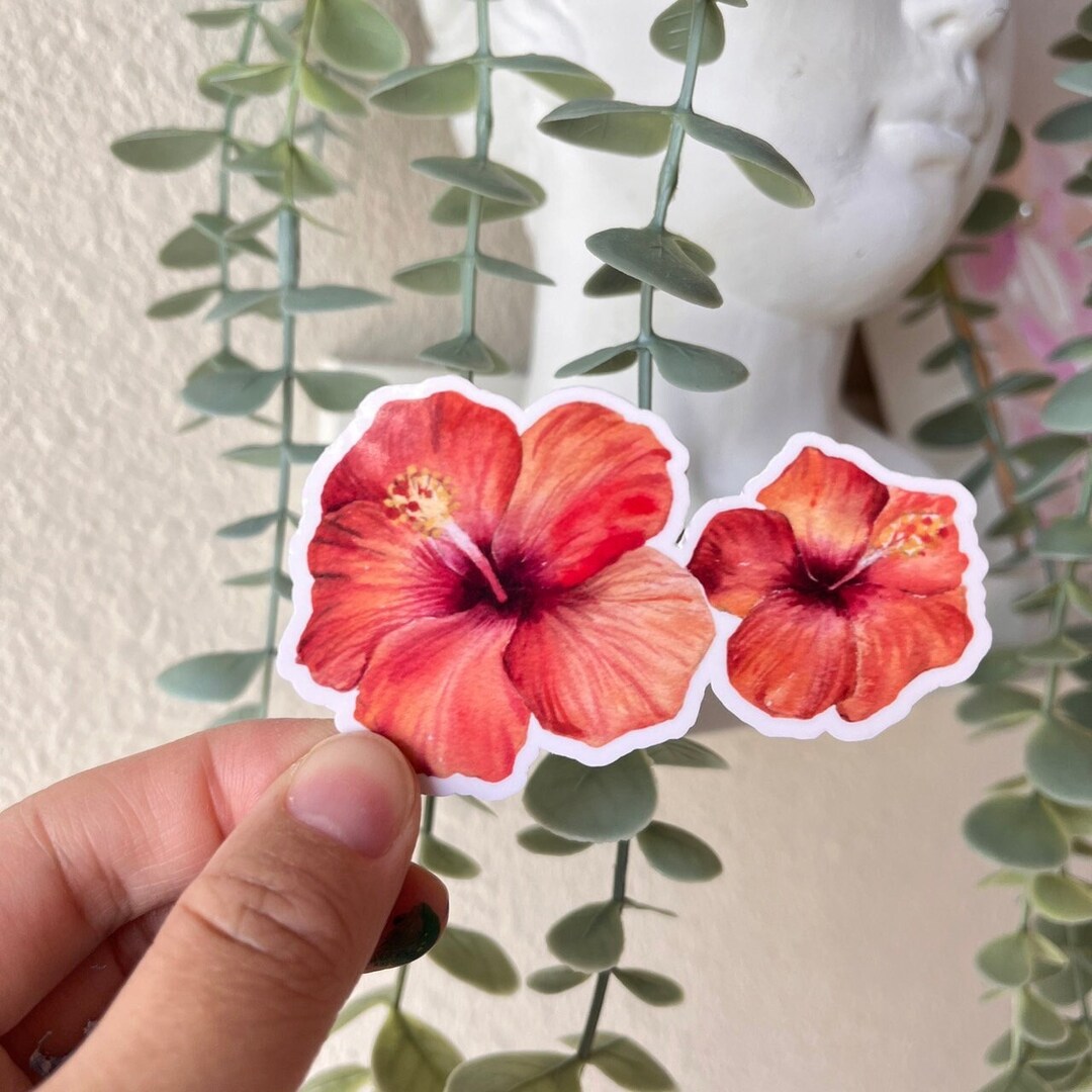 Hibiscus Flower Painting Vinyl Sticker, Waterproof for Water Bottles ...