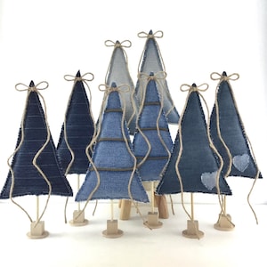 Farmhouse Vintage Denim Mini Tree Set, Upcycled Fabric, Modern Spring ...
