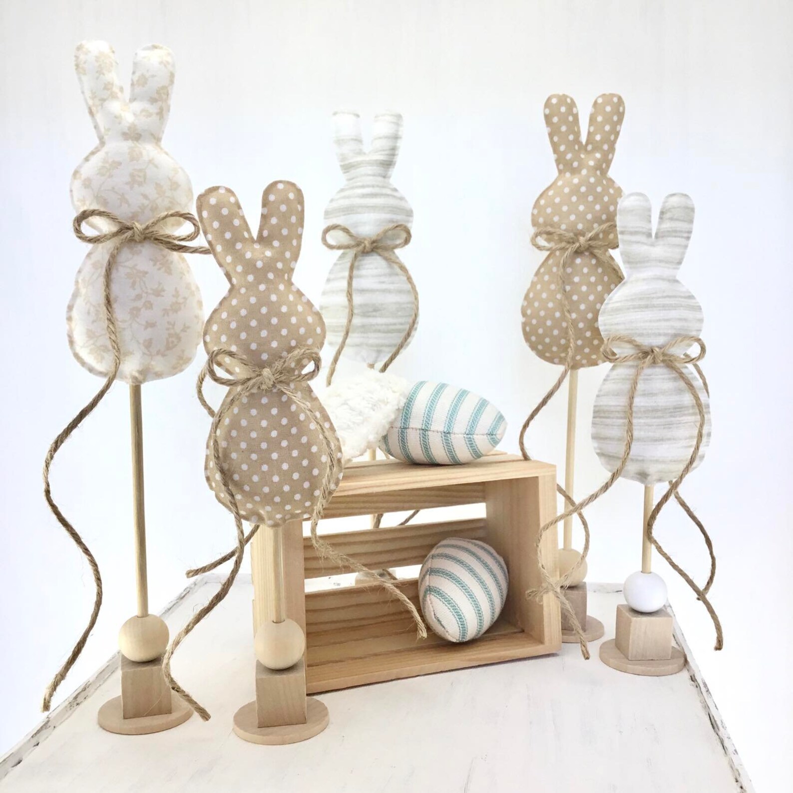 Easter Spring Mini Bunnies on Stand, Farmhouse Stuffed Fabric Rabbit ...