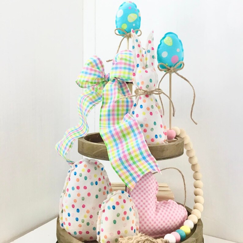 Farmhouse Fabric Easter Egg Stand Set, Tiered Tray, Mantle Decor ...